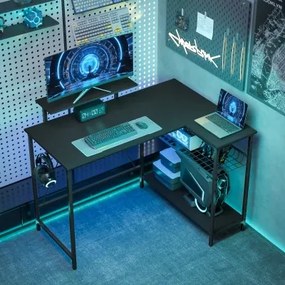 HOMCOM oboustranný L-herní stůl s podstavcem na monitor a nastavitelnou síťovanou policí, 114,5 × 82 × 91,5 cm, černý s karbonovým vzorem