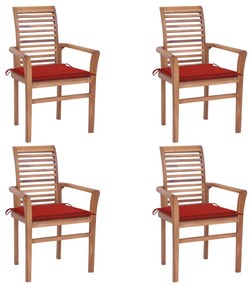 Jídelní židle 4 ks červené podušky masivní teak,  3062628