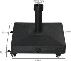 Stojan na slunečník Outsunny s válečkem, naplnitelný až do 20 kg, pro tyče slunečníku 38/48 mm, ideální pro zahradu terasu balkon, černý 45x45 cm |