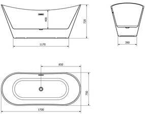 Mexen Celia, volně stojící vana 170 x 75 cm, bílá-černá, měděný přepad, 52331707575-65