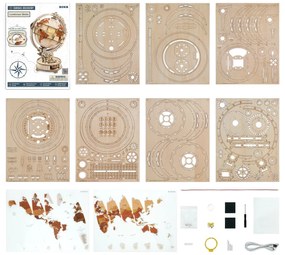 RoboTime 3D dřevěná mechanická skládačka Svítící glóbus