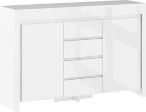 HOMCOM komoda do obývacího pokoje, úložný nábytek s LED osvětlením, 4 zásuvky, dveře s tichým zavíráním, 120 x 34 x 80 cm, vysoký lesk bílá