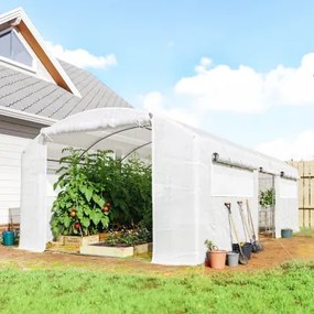 Outsunny tunelová skleník 6x3x2 m s 3 rolovacími dveřmi, 6 síťovanými okny a zinkovaným ocelovým rámem, bílá