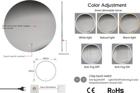 Erga Sofia, kulaté LED zrcadlo 120cm, 2760 lm, 3 barvy světla, ERG-V01-207-1212