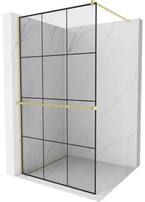 Mexen Kioto+, sprchová zástěna Walk-In s poličkou a věšákem 110 x 200 cm, 8mm čiré sklo černý vzor, ​​zlatý matný profil, 800-110-121-55-77
