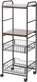 HOMCOM Kuchyňský vozík s kolečky, 2 regály, 2 odnímatelné košíky a 4 háčky pro jídelnu a koupelnu 40x38x111 cm Ořechová a černá | Aosom