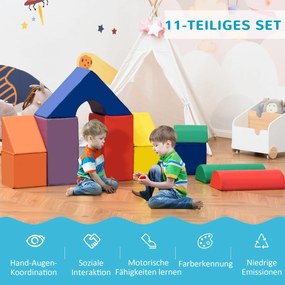 HOMCOM 11dílná měkká stavebnice pěnová stavebnice na skotačení lezení měkká obří stavebnice pro děti od 1 do 3 let imitace kůže barevná