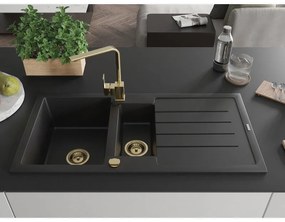 Mexen Andres, granitový dřez 1000x500x200 mm, 1,5-komorový, černá se zlatým sifonem a zlatá dřezová baterie Rita, 6515-77-670300-50