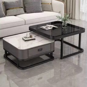 LuxuryForm DESIGN Konferenční stolek ARAGON 70 × 70 / 60 × 60 cm – šedý / bílý mramor + sklo (set 2 ks)