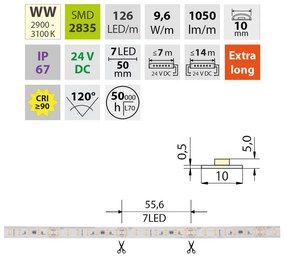 MCLED sestava LED pásek do sauny WW 3m + kabel + trafo + stmívání