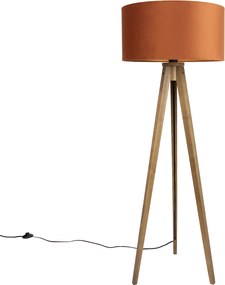 Dřevěná stojací lampa s oranžovým stínidlem a zlatým vnitřkem 50 cm - Tripod Classic
