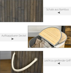 HOMCOM Koš na prádlo z bambusu s kapacitou 100L a víkem, s odnímatelným pytlem se 2 přihrádkami 62,5x37x60,5 cm Šedý a přírodní