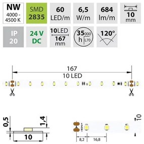 LED pásek McLED 24V neutrální bílá š=10mm IP20 6,5W/m 60LED/m SMD2835 ML-126.800.60.8 (20m)