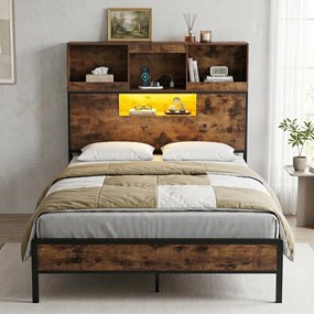 Costway Kovová postel 140 × 220 cm s LED a nabíjením, hnědá