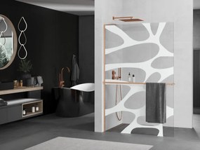 Mexen Kioto+ L, sprchová zástěna Walk-In s poličkou a věšákem 100 x 200 cm, 8mm čiré sklo bílý vzor, ​​měděný matný profil, 800-100-123-65-97