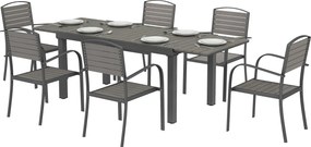 Outsunny Zahradní set nábytku 7 ks, rozkládací stůl 150–225 cm + 6 židlí, hliník, imitace dřeva, šedý
