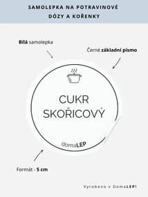 Samolepka na dózu CUKR SKOŘICOVÝ – bílá, 5 cm, základní písmo