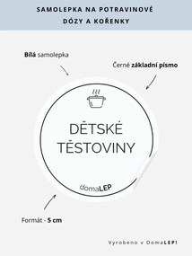 DĚTSKÉ TĚSTOVINY  – bílá samolepka na dózu, základní písmo, 5 cm | DomaLEP