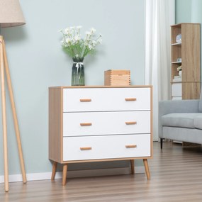 HOMCOM Dřevěná Komoda se 3 Zásuvkami, Vysoká Úložná Skříň Moderní s Vznesenými Nohami pro Ložnici a Obývací Pokoj 80x39x80 cm Bílá a Přírodní