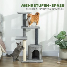 PawHut Škrabadlo 103 cm, kočičí strom s kočičí jeskyní, platformami, sisalovými škrabacími sloupky, plyšový míček pro kočky do 5 kg, šedá