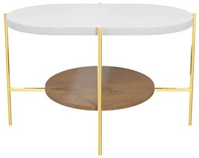 Konferenční stolek oválný GLADYS - bílý / zlatý - dekor dub