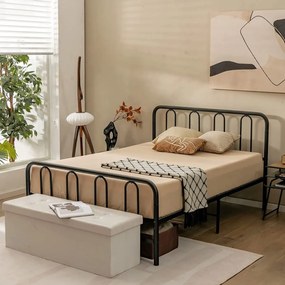 Costway Kovový rám postele s čelem a stupačkou na platformě – 209 × 144 × 101 cm