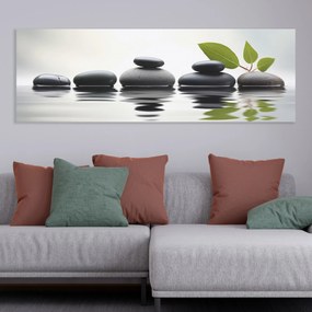 Obraz na plátně - Meditace, černé kameny ve vodě, listy FeelHappy.cz Velikost obrazu: 90 x 30 cm