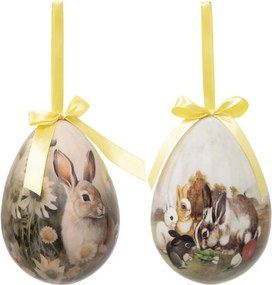 2ks dekorace závěsné vajíčko s králíčky Spring Egg - Ø 11*15 cm