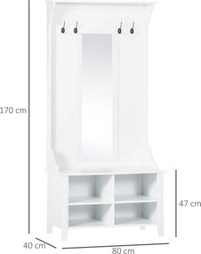 HOMCOM Stojan na kabáty se zrcadlem a botníkem, 4 háčky, dřevo 80x40x170cm bílý