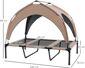 PawHut Vyvýšená Postel pro Psy s Slunečníkem – Velká Postel s Ocelovou Rámem a Taškou pro Vnitřní a Venkovní Použití 106x76x94 cm Hnědá