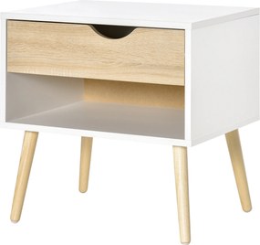 HOMCOM Noční stolek s šuplíkem, moderní design, nohy z masivu, 50 x 39 x 51 cm, bílý a přírodní dřevo