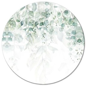 Kulatý obraz Kaskáda zeleně - jemné větve plné listů na bílém pozadí