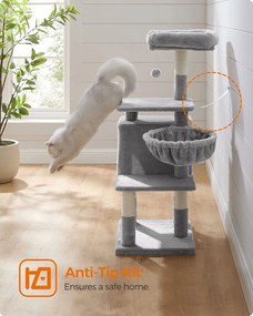 Škrabací sloup, víceúrovňový kočičí strom 110 cm, světle šedý | feandrea