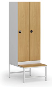 Šatní skříňka S1 s lavičkou, 2 oddíly, 1875 x 600 x 500/800 mm, RFID zámek, laminované dveře, buk