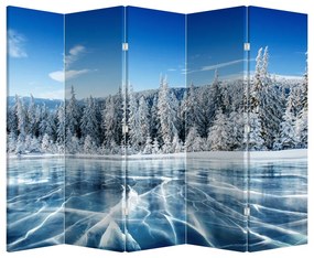 Paraván - Zamrzlé jezero a zasněžené stromy (210x170 cm)