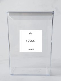FUSILLI  – bílá samolepka na dózu, základní písmo, 5 x 5 cm | DomaLEP