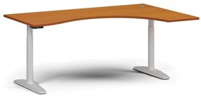 Výškově nastavitelný stůl OBOL, elektrický, 675-1325 mm, ergonomický pravý, deska 1800x1200 mm, bílá zaoblená podnož, třešeň