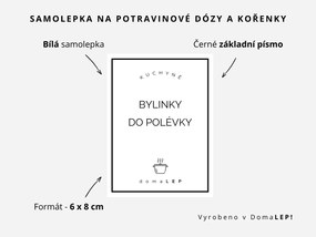 BYLINKY DO POLÉVKY - omyvatelná samolepka na kořenky, výběr rozměrů Ø 5 cm / 5 x 5 cm / 6 x 8 cm | DomaLEP tvar: OBDÉLNÍK, barva: BÍLÁ - ČERNÉ písmo, velikost: š. 6 cm x v. 8 cm – základní písmo