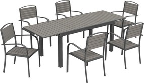 Outsunny Zahradní set nábytku 7 ks, rozkládací stůl 150–225 cm + 6 židlí, hliník, imitace dřeva, šedý
