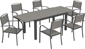 Zahradní set nábytku 7 ks, rozkládací stůl 150–225 cm + 6 židlí, hliník, imitace dřeva, šedý