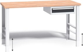 Výškově nastavitelný pracovní stůl do dílny G3 se závěsným boxem na nářadí, buková spárovka, 1 zásuvka, 1500 x 685 x 840 - 1050 mm, grafit