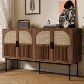 Aosom Moderní komoda s ratanem, 4 dveře s velkým úložným prostorem, přírodní retro design, 140 x 40 x 80 cm, přírodní barva