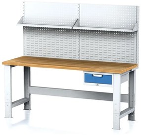 Alfa 3 Nastavitelný dílenský stůl MECHANIC I , závěsný box na nářadí, nástavba, police, 1 zásuvka, 2000x700x700-1055 mm, modré