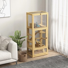 Klec pro křečka nebo myš PawHut, dřevěná pro malá zvířata, 5 úrovní s žebříkem, domeček, houpačka, odnímatelný tác, dávkovač vody, 54 x 38 x 131 cm, …