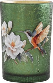 Zelený skleněný svícen Kolibřík s květy L - Ø 12*18 cm