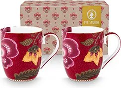 Pip Studio Blooming Tales set 2 ks hrnku 180 ml - tmavě červený (Luxusní set tmavě červených porcelánových hrnků)