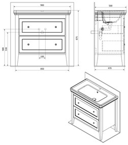 Sapho CROSS umyvadlová skříňka 85x81x47 cm, 2x zásuvka, starobílá, CR291
