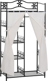 HOMCOM Šatní skříň pro dospělé s 5 policemi, oblečení a šatní tyčí, 84L x 42W x 159H cm, kovová černá s 2 bílými závěsy