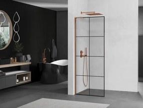 Mexen Kioto L, sprchová zástěna Walk-In 90 x 200 cm, 8mm čiré sklo černý vzor, ​​růžové zlato profil, 800-090-103-60-77