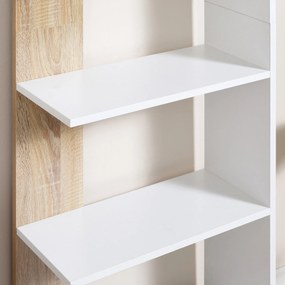 HOMCOM Regál na Knihy s 5 Policemi, Multifunkční Knihovna pro Studium a Kancelář s Zvýšeným Podstavcem, Elegantní Design 45x21x170 cm, Bílá a Dub
